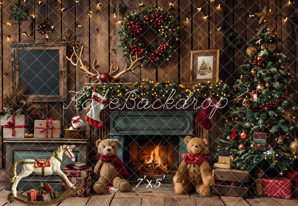 Kate Christmas Fireplace Bear Garland Backdrop for Photography Kate Christmas Fireplace Bear Garland Backdrop for Photography
