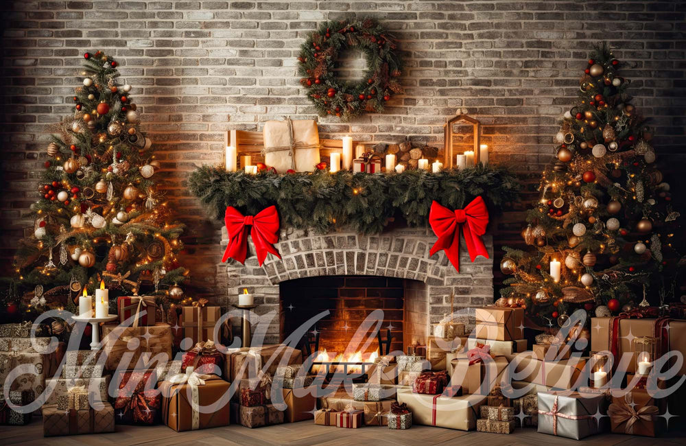 Kate Rustic Brick Fireplace Trees Backdrop Winter Christmas for Photography