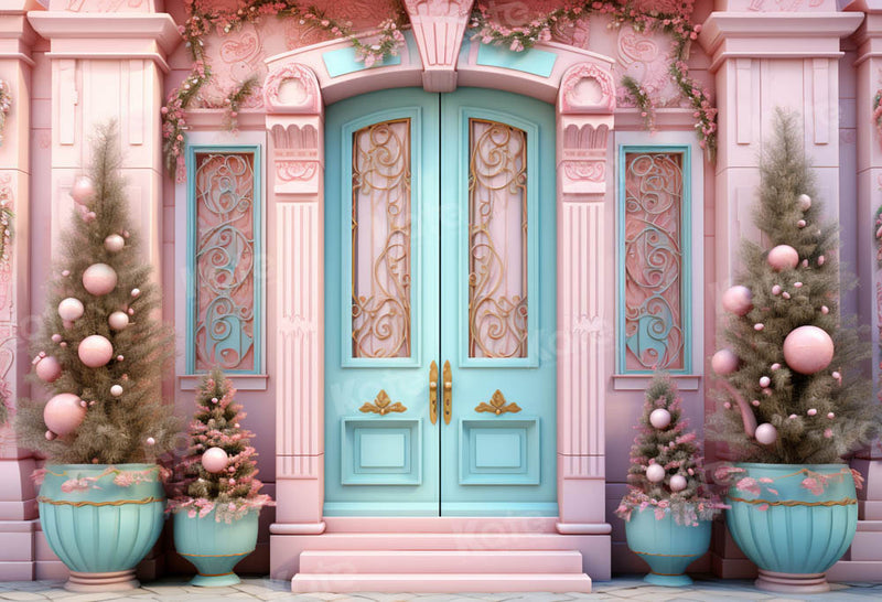 Kate Christmas Pink House Blue Door Backdrop For Photography