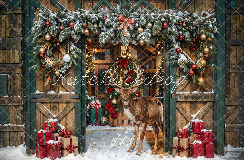 Kate Christmas Elk Wooden Barn Backdrop for Photography