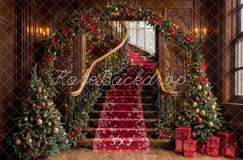 Kate Christmas Tree Arch Vintage Stairs Backdrop for Photography