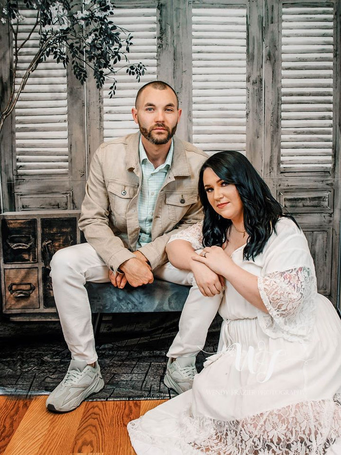 Kate windows with white sheer curtains chandelier Backdrop AU